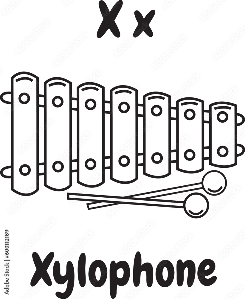 Xylophone icon with English alphabet X letter.For worksheets and ...