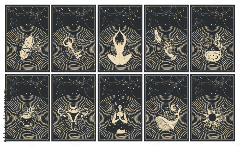 Set of magical tarot cards for witch, mystical symbols and witchcraft ...