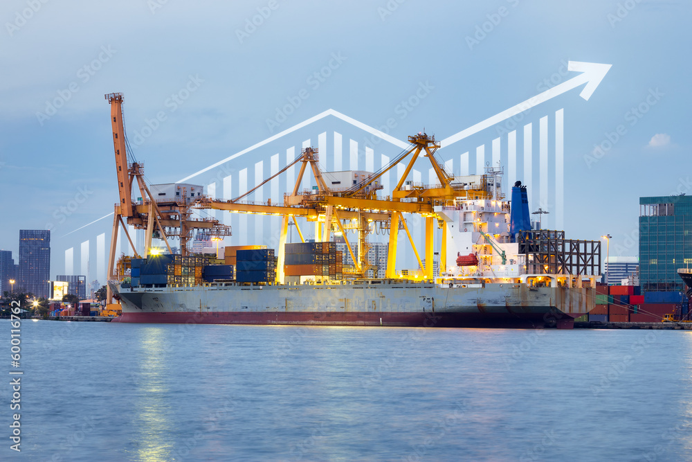 Cargo ship, cargo container work with crane at dock, port or harbour ...