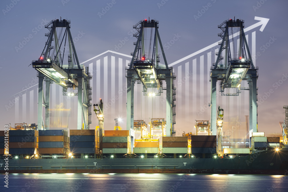 Cargo ship, cargo container work with crane at dock, port or harbour ...