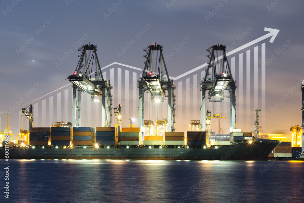 Cargo ship, cargo container work with crane at dock, port or harbour ...