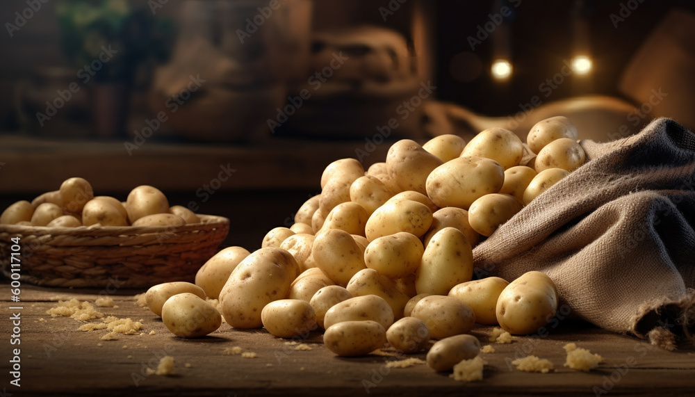 Still life of potatoes harvested in a basket and in a wood table over a ...