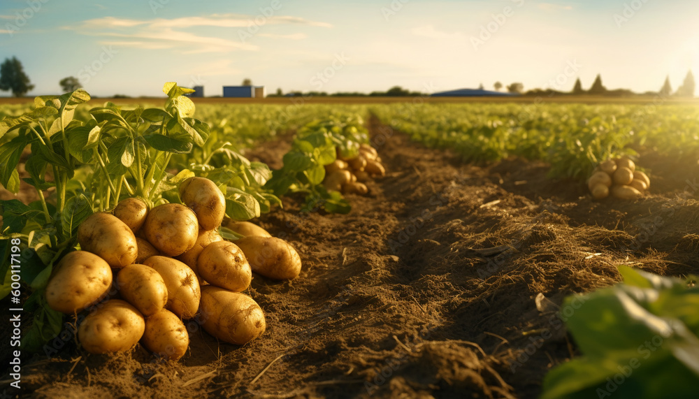 Recreation artistic of potatoes just harvested in the floor of a potato ...