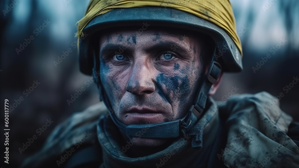 Ukrainian soldier portrait. Exhausted and serious man in military ...