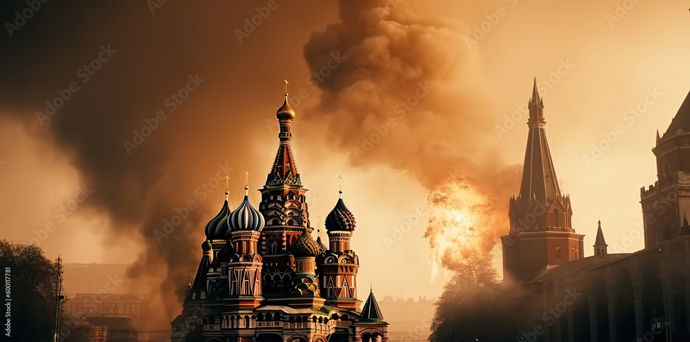 Kremlin towers in Moscow City on fire, St. Basil's Cathedral and ...