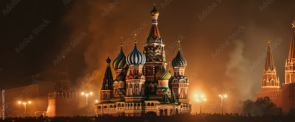 Kremlin towers in Moscow City on fire, St. Basil's Cathedral and ...