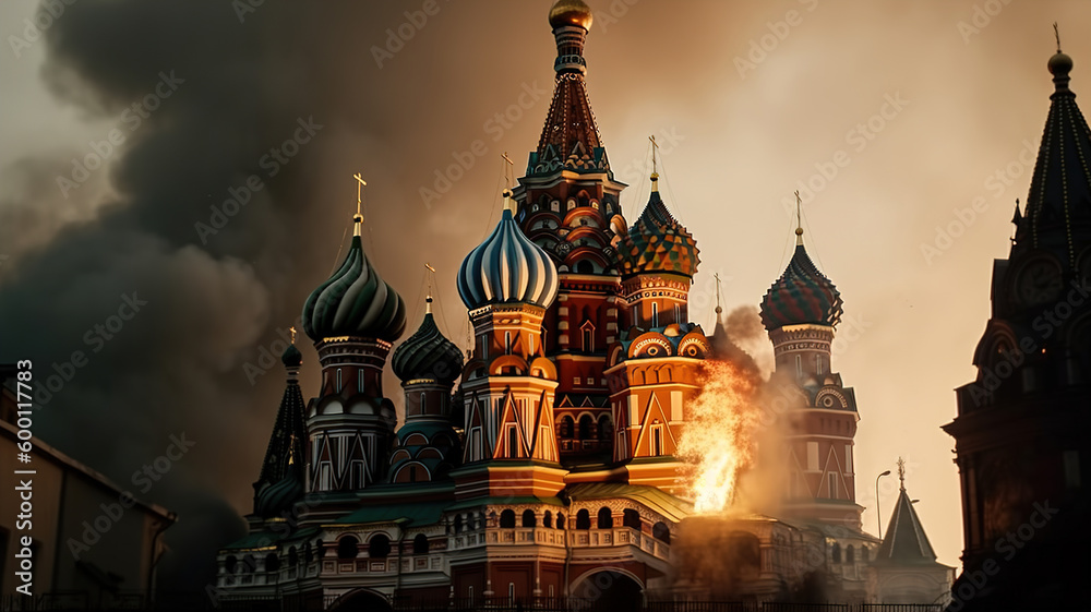 Kremlin towers in Moscow City on fire, St. Basil's Cathedral and ...