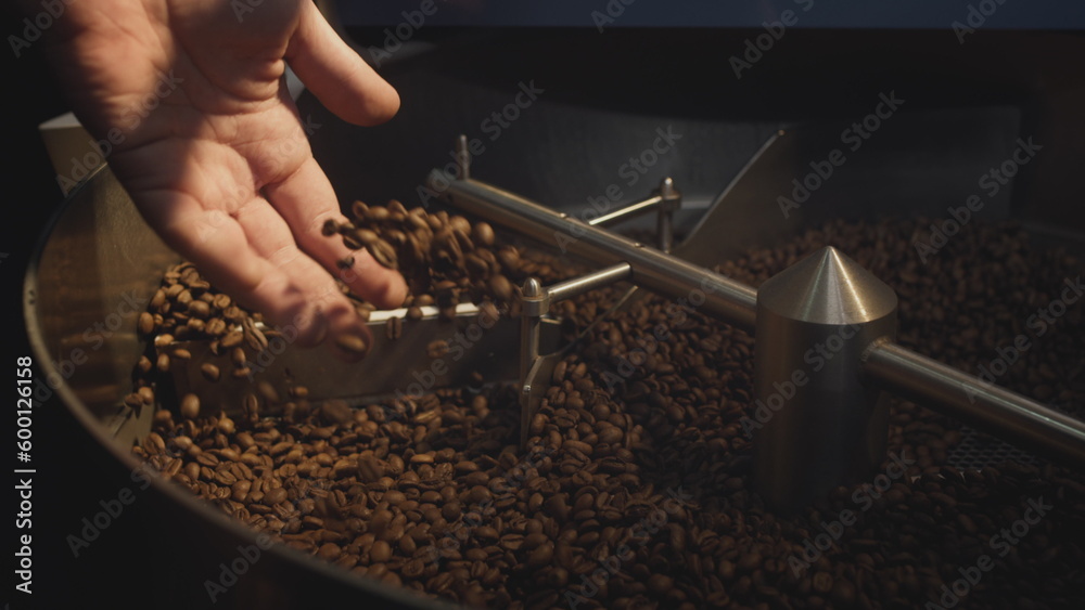 A professional industrial roaster rotates organic coffee beans. The ...