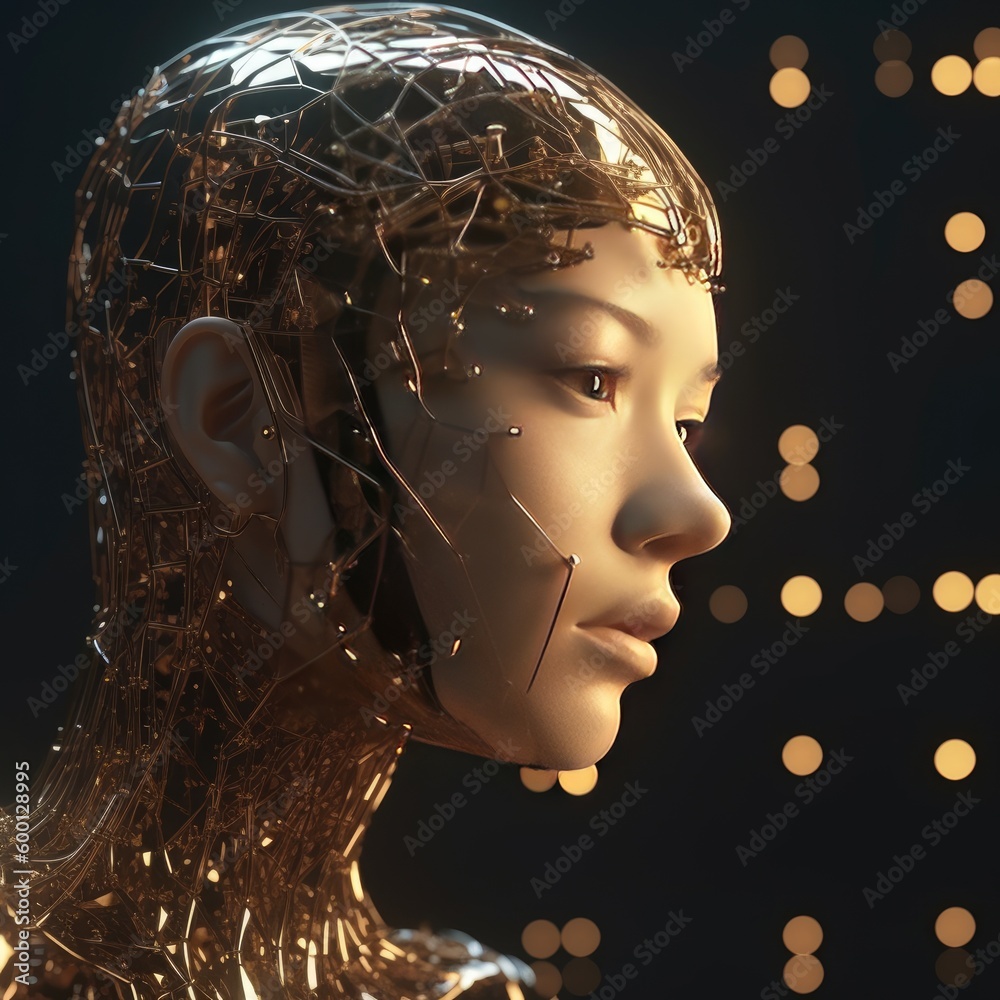 Golden asian humanoid AI Cyber person, thinking with a neural network ...