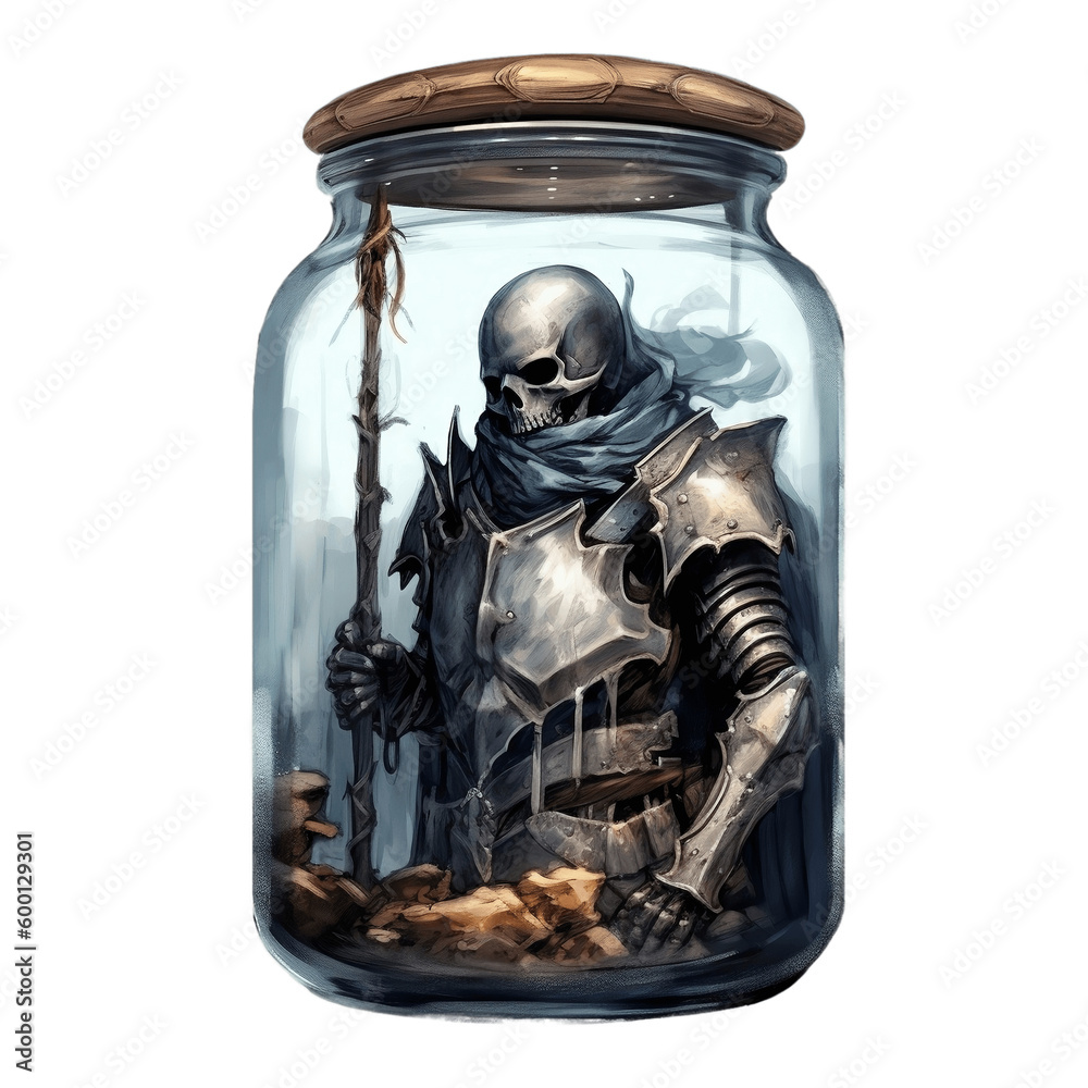 Skeleton_Knight_in_a_glass_jar_watercolor_painting clip art Size ...