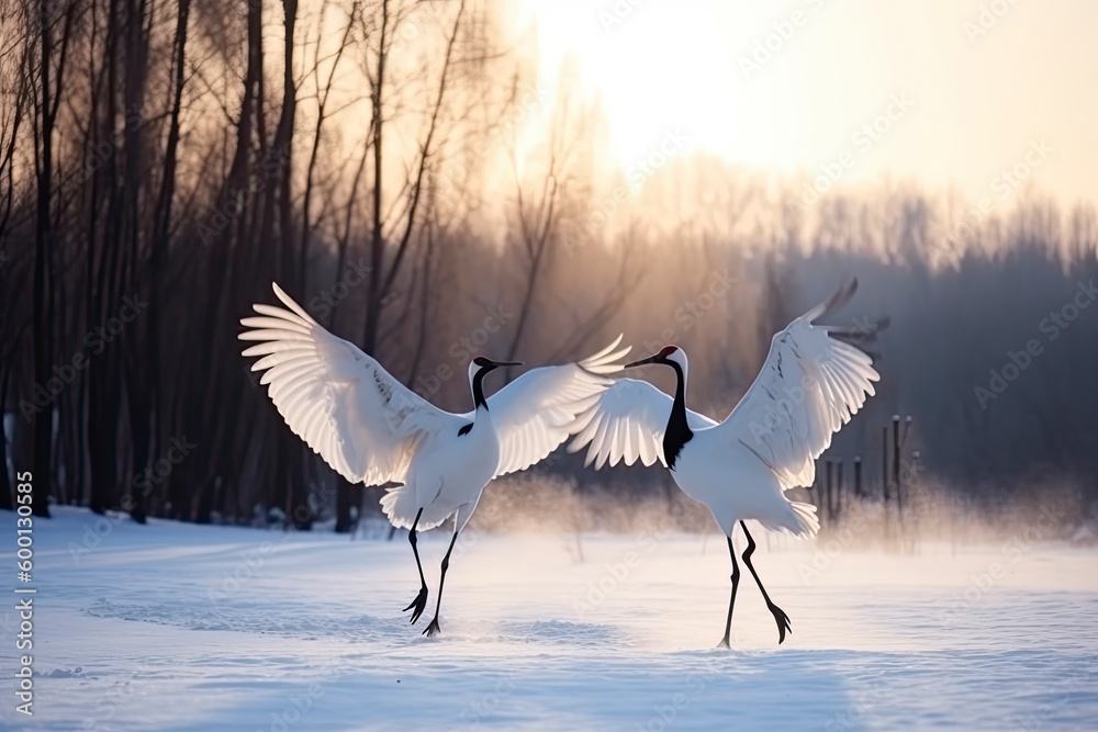 Dancing Cranes. The ritual marriage dance of cranes. The red-crowned ...