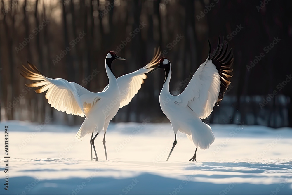 Dancing Cranes. The ritual marriage dance of cranes. The red-crowned ...
