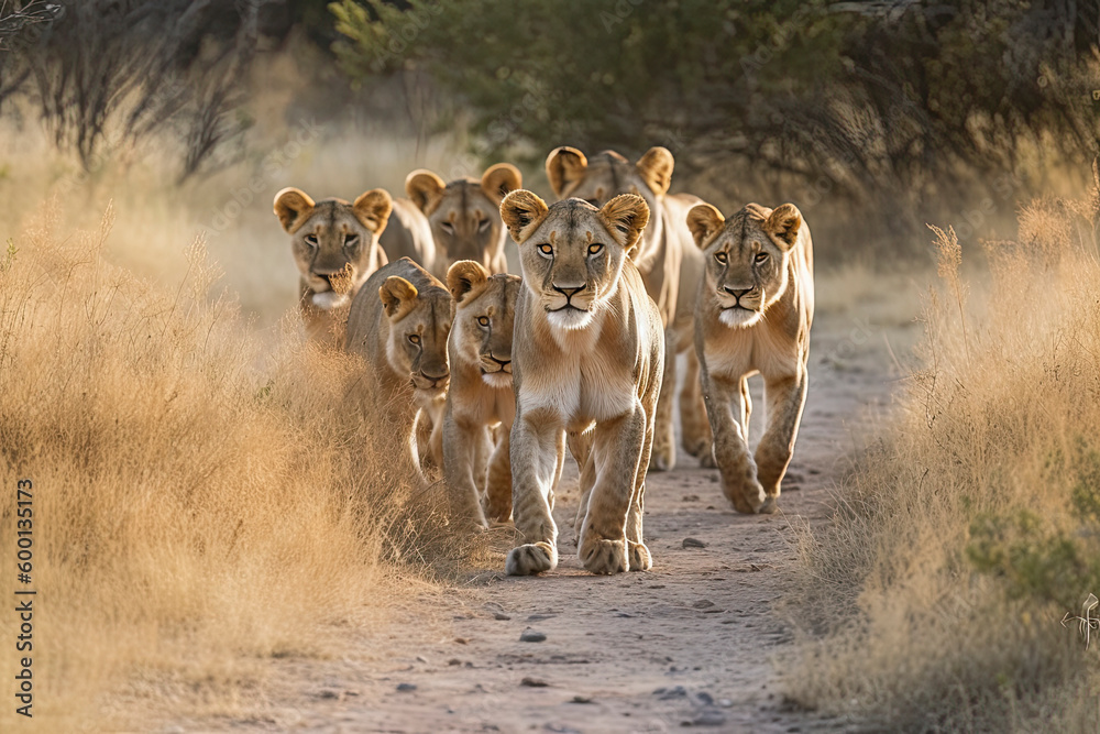 Lion pride led by an adult female lioness with lots of lion cubs ...