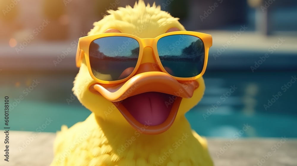Very happy cool yellow duck with sunglasses next to the pool in the sun ...