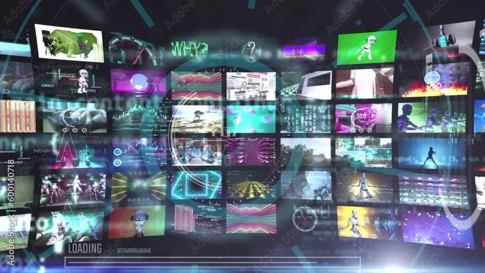 collage animation of a lot of cinema movie screens in cyberspace ...