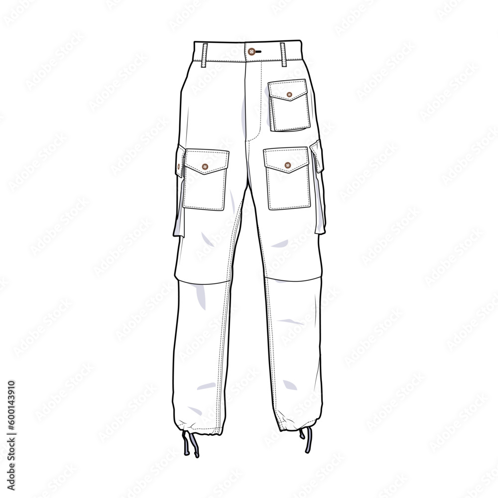 Cargo pants front view fashion flat sketch for Tech Pack. Trousers with ...