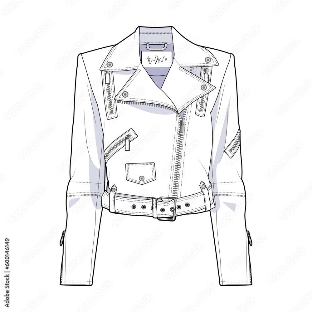 Leather jacket front view fashion flat sketch for Tech Pack. Belt ...