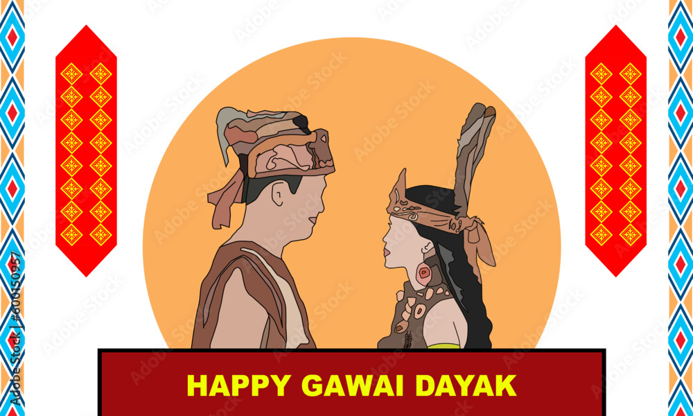 a couple wearing traditional Dayak clothes stare at each other with a ...