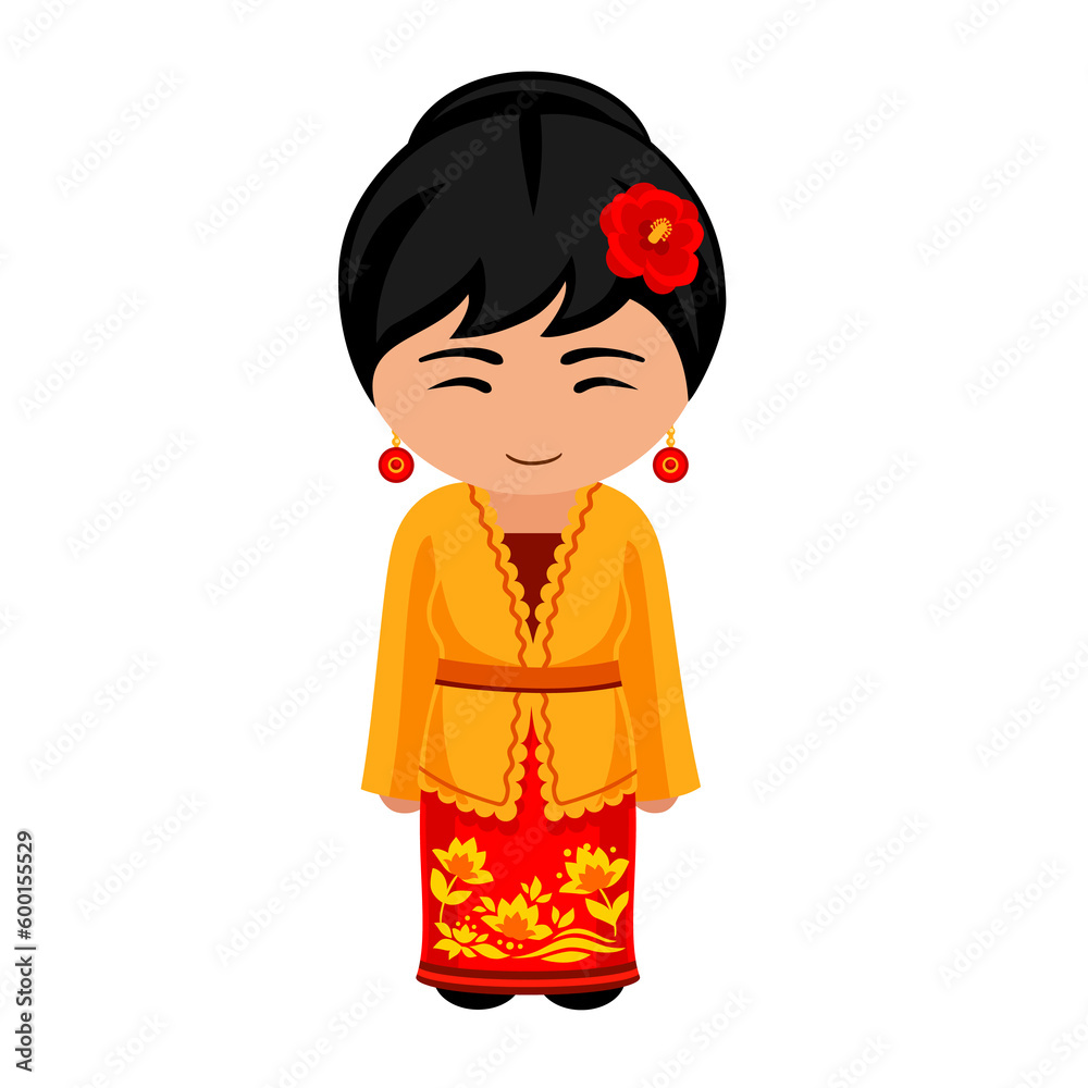Woman in Malaysia national costume. Female cartoon character in ...