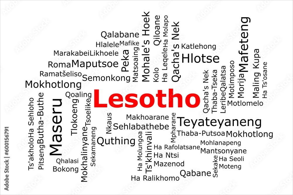 Tagcloud of the most populous cities in Lesotho. The title is red and ...