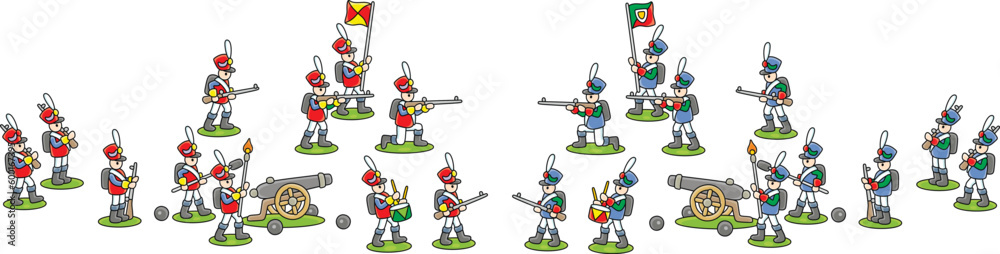 Two small armies of toy soldiers with rifles, flags and cannons for a ...