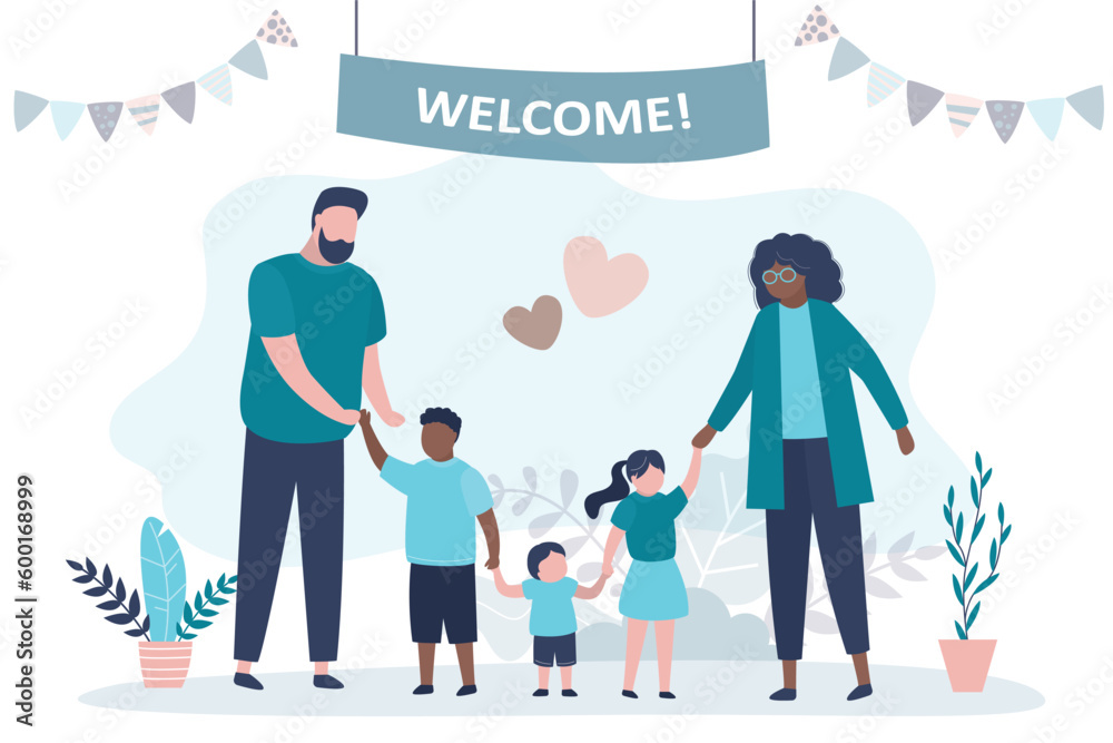 Multicultural family on white background. Three children, two parents ...