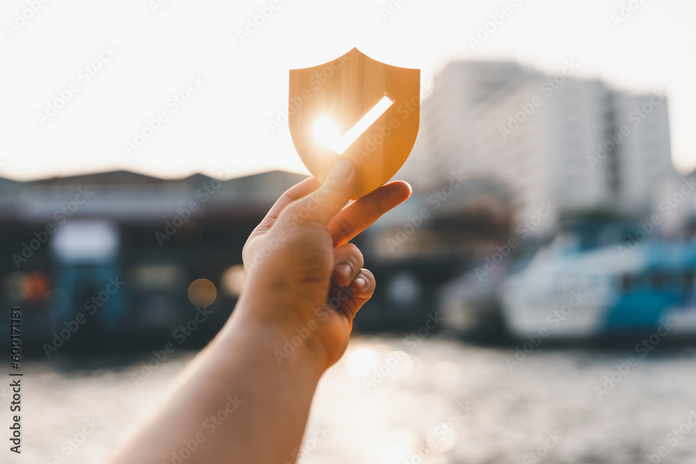 Businessman holding shield protect icon, Security protection and health ...