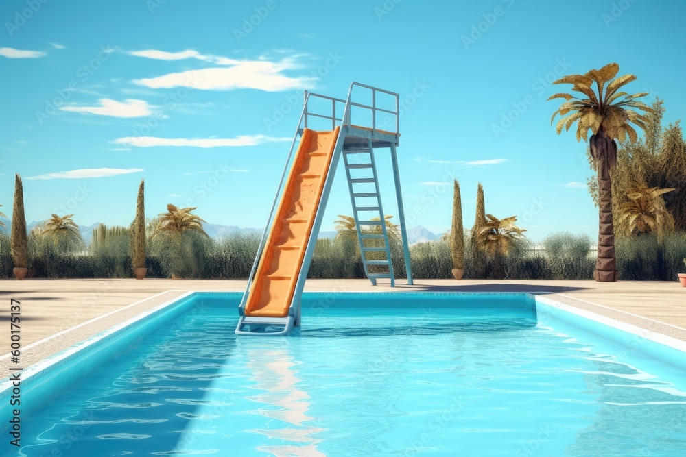 Swimming pool with a diving board, featuring a deep end for safe diving ...