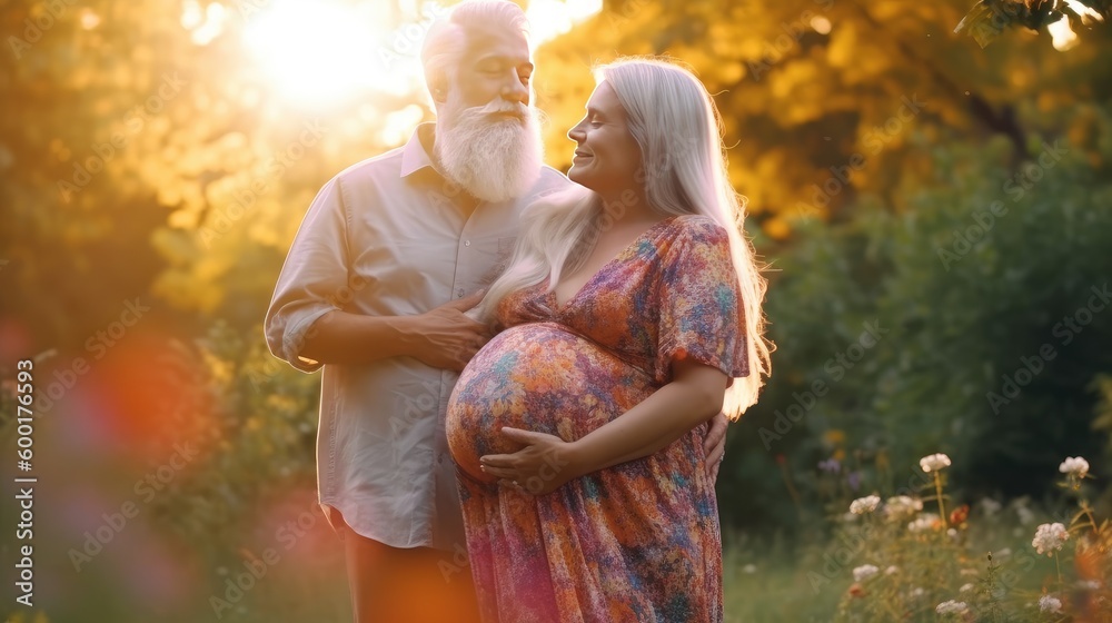 Stockillustratie Happy smiling pregnant old couple hugging in green ...