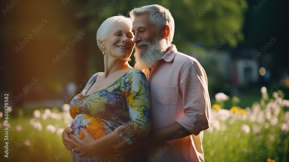 Happy smiling pregnant old couple hugging in green park, geriatric ...