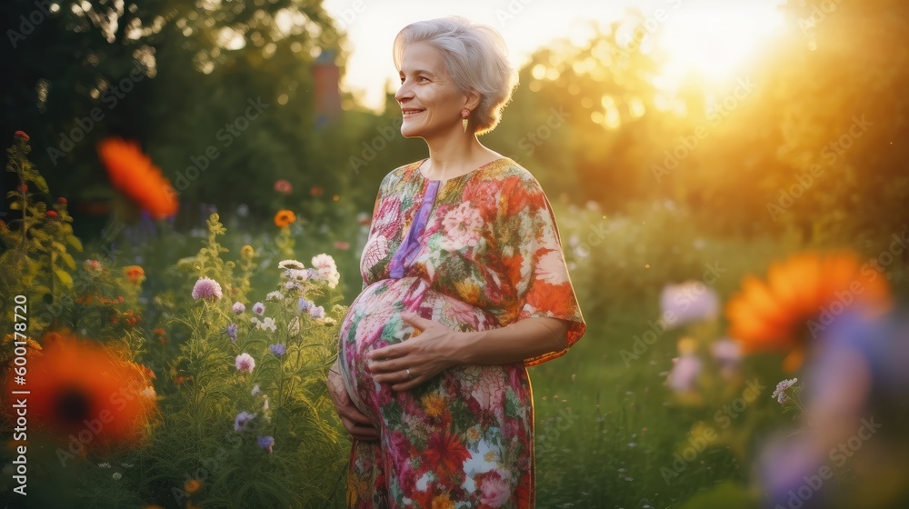 Happy smiling pregnant old woman walking in green park, geriatric ...
