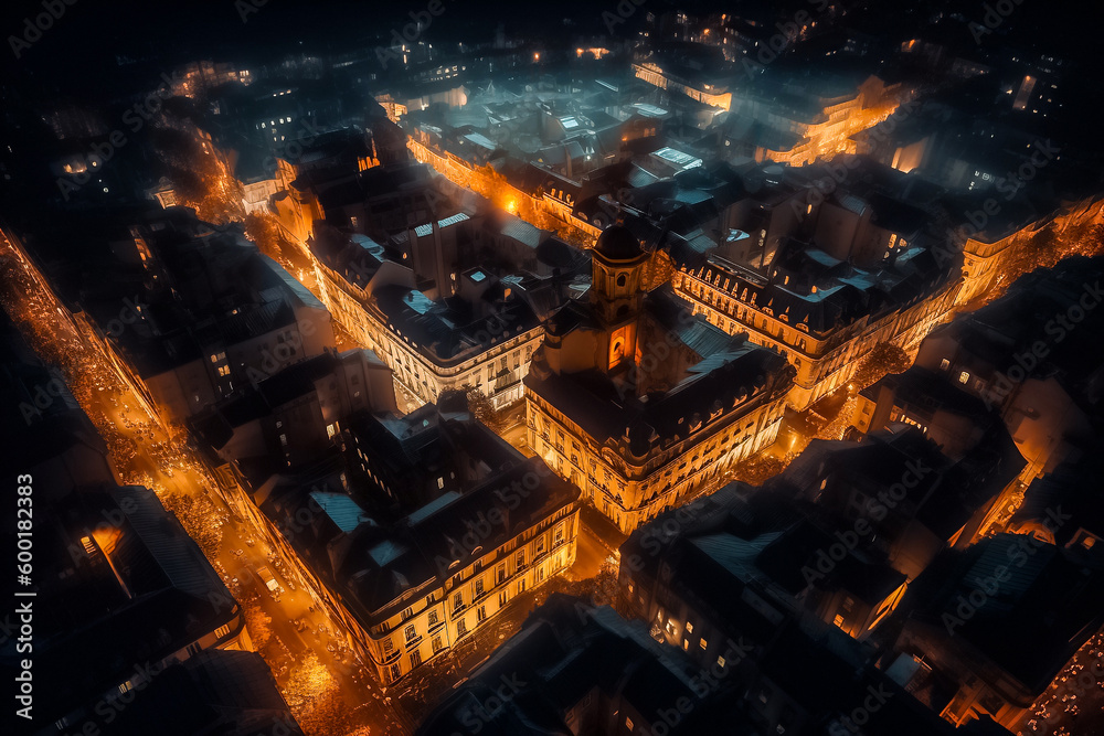 A mesmerizing aerial view of a futuristic cyborg city at night, with a ...