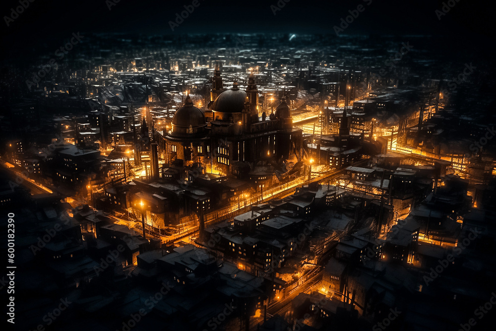 A mesmerizing aerial view of a futuristic cyborg city at night, with a ...
