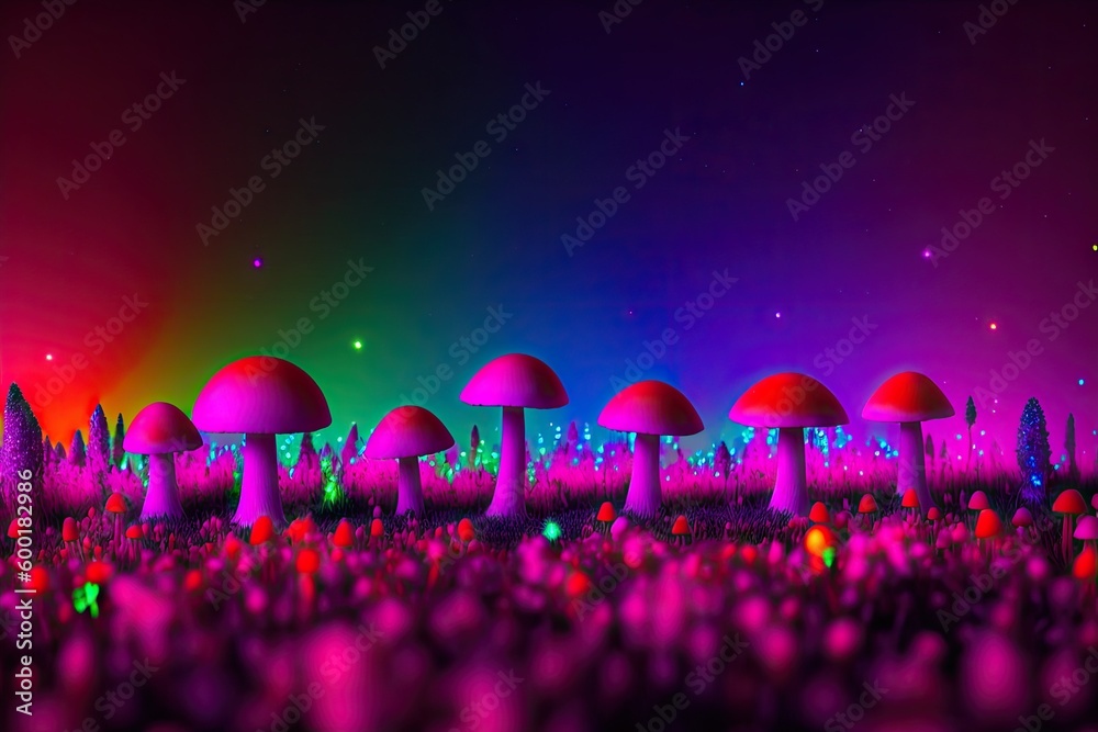 Neon mushrooms, 3D illustration. Magic mushrooms, a group of fungi in ...