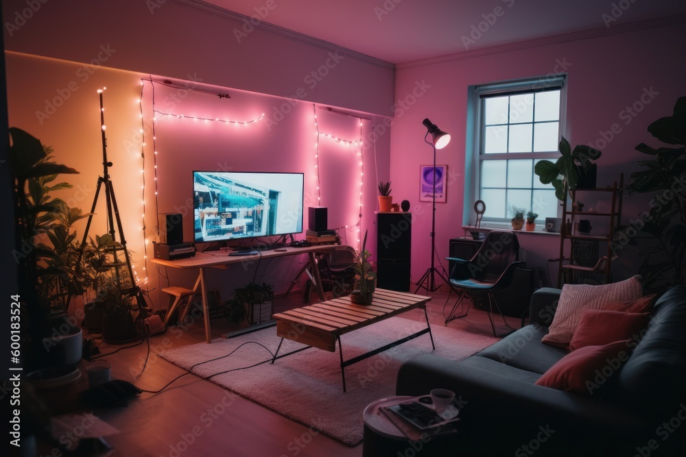Gen Z living room featuring makeshift social media filming studio, neon ...
