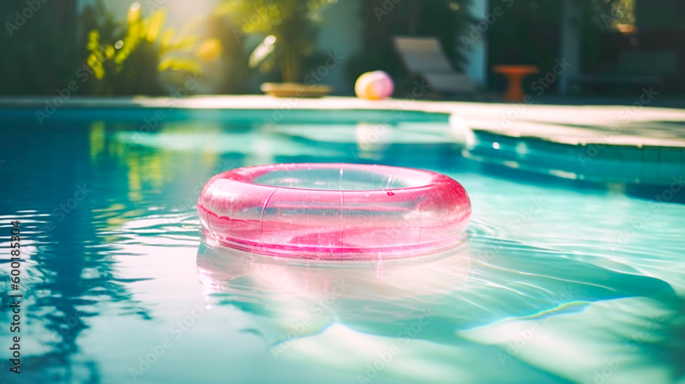 swimming pool in sunny day, summer background with colorful inflatable ...