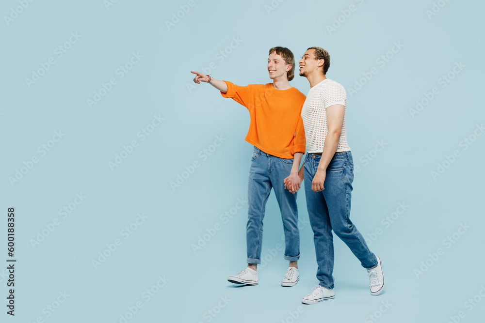 Full Body Side View Young Couple Two Gay Men Wear Casual Clothes Together Walk Go Hold Hands