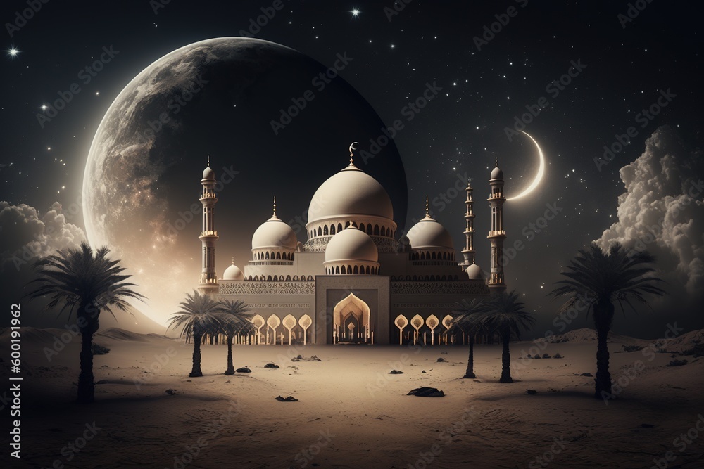 Islamic background with mosque, milkyway, desert and moon elements ...