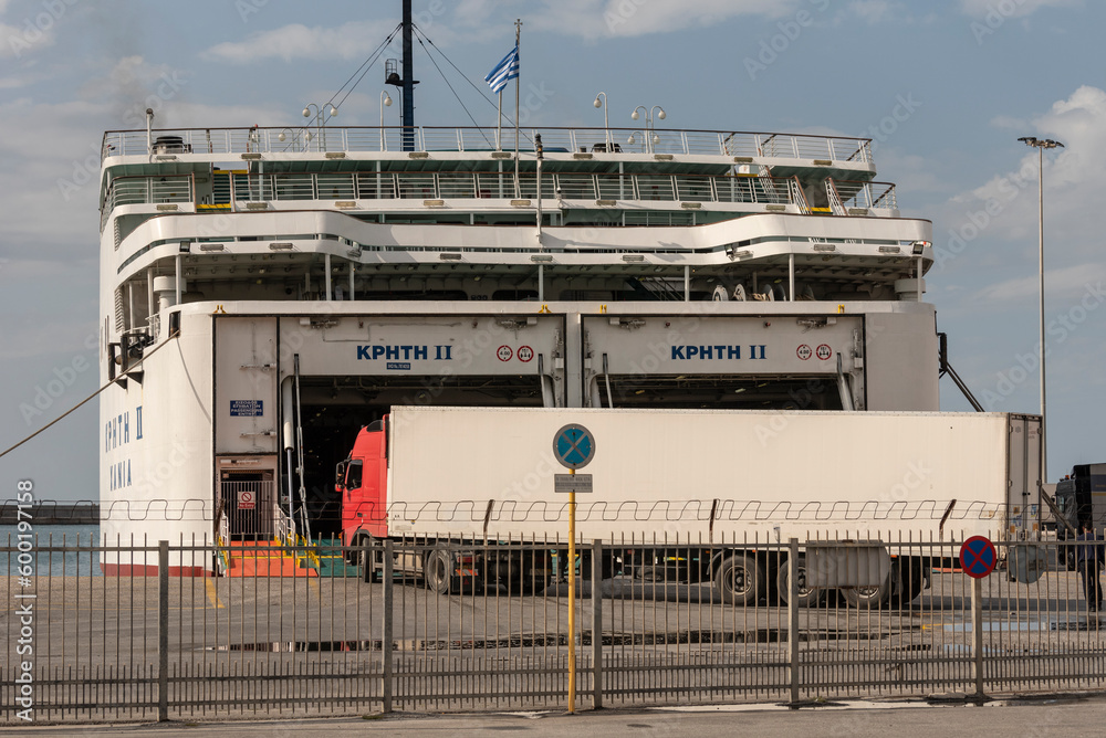 Heraklion Port, Crete, Greece, EU. 2023. Trucks loading and unloading a ...