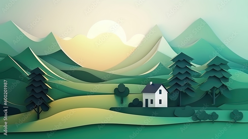 3d paper cut forest landscape mountain paper cut style natural ...