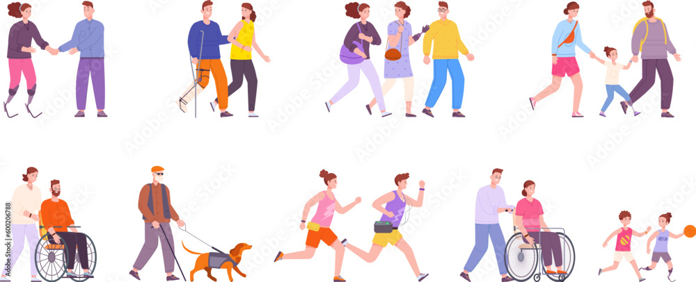 Disabled people partners. Disability person walking with young ...