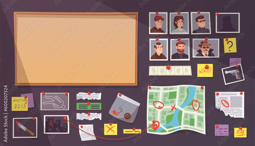 Investigation wall. Detective board elements for clues search ...
