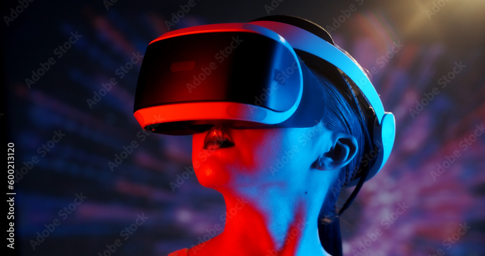 Authentic asian girl wearing bright makeup in cyberpunk light and ...