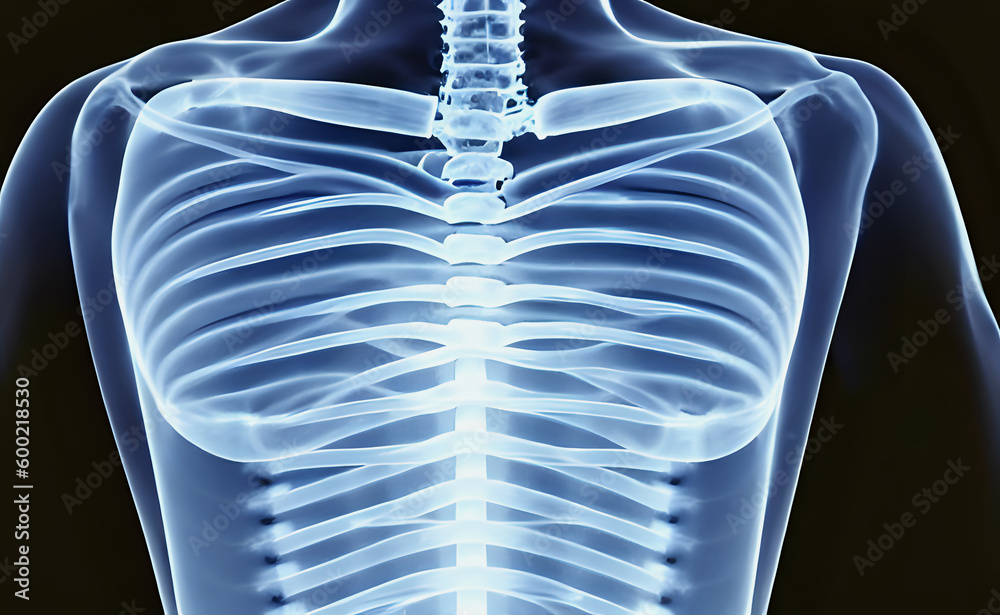 Magnetic resonance imaging of human chest bones on a black background ...