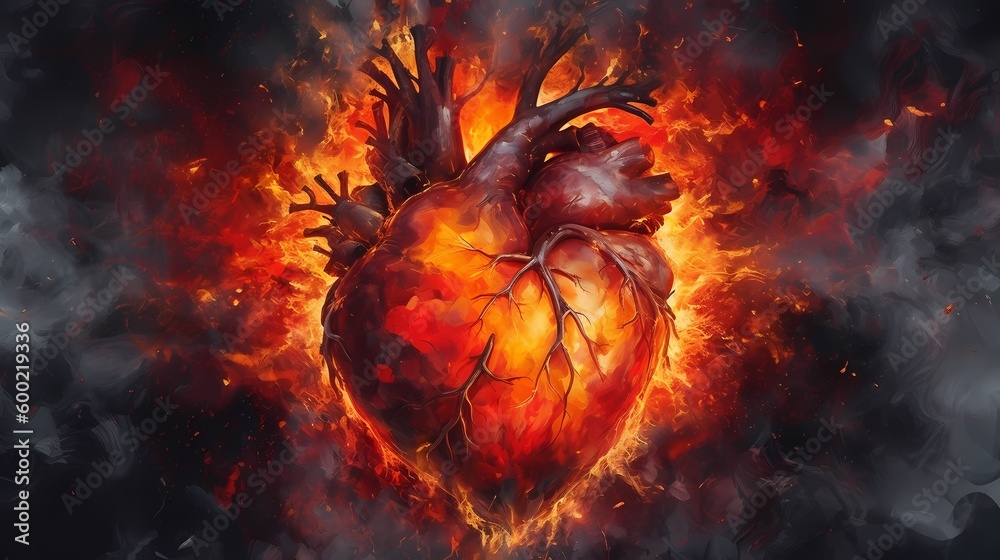 Dramatic and intense image of a human heart, depicted as a fiery and ...