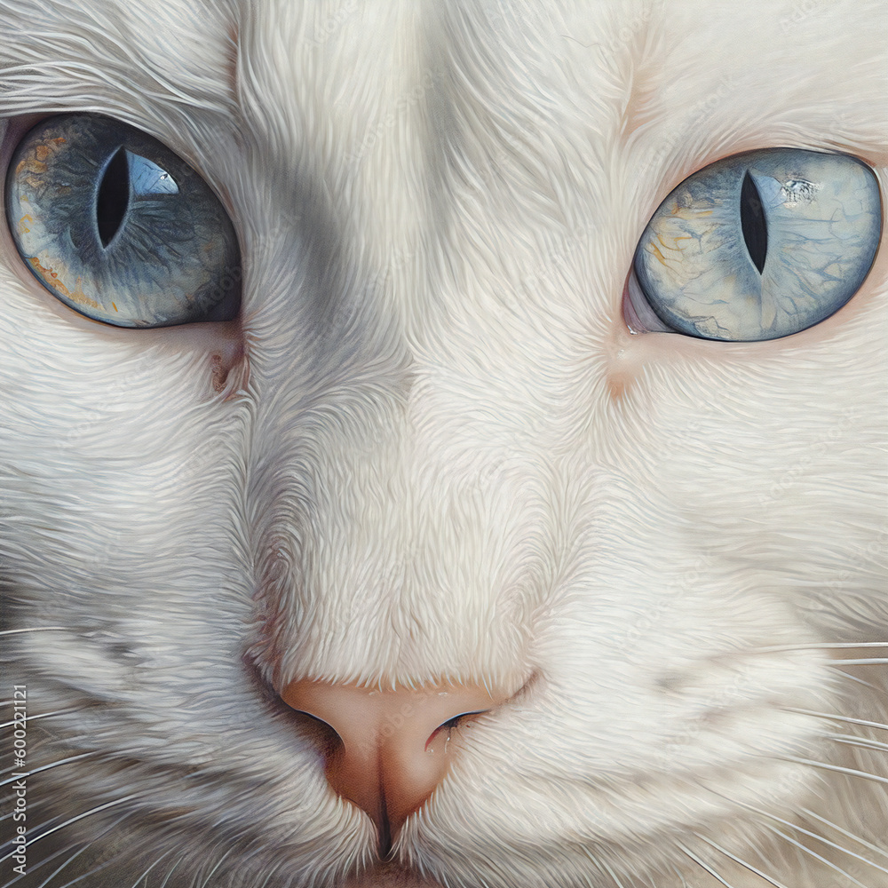 little white cat with beautiful eyes close up, digital portrait ...
