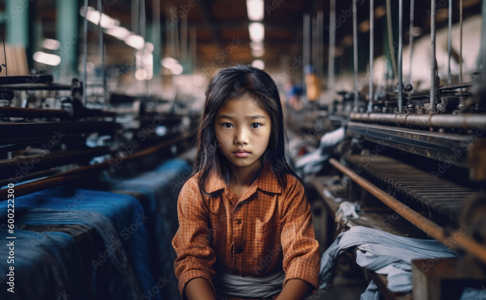 Small Asian girl portrait with blurred textile factory background ...