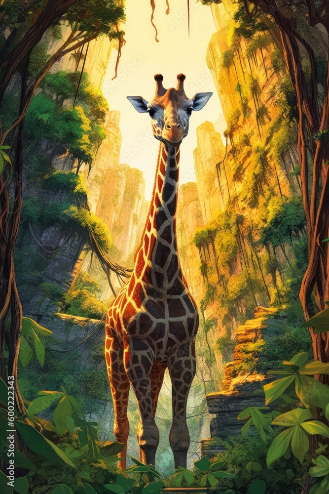 portrait giraffe cover dense jungle magic standing trees rocks society ...