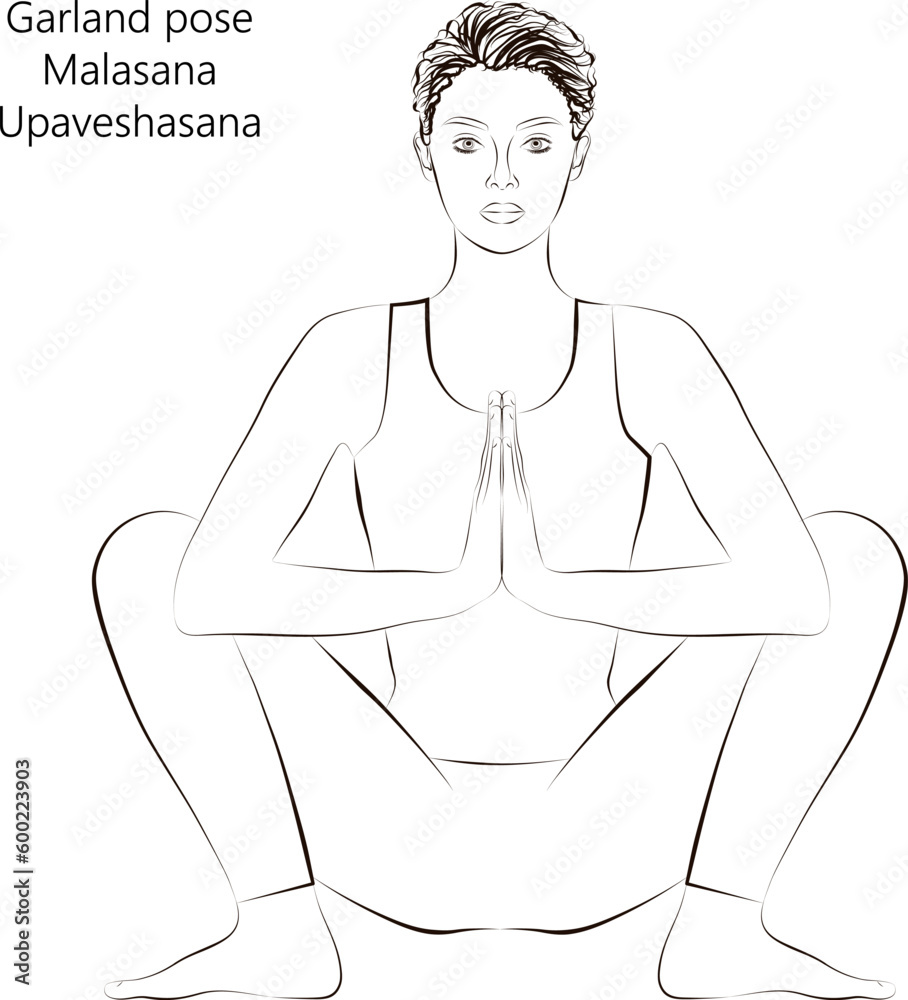Sketch of young woman practicing yoga, doing Garland pose or Yogi Squat ...
