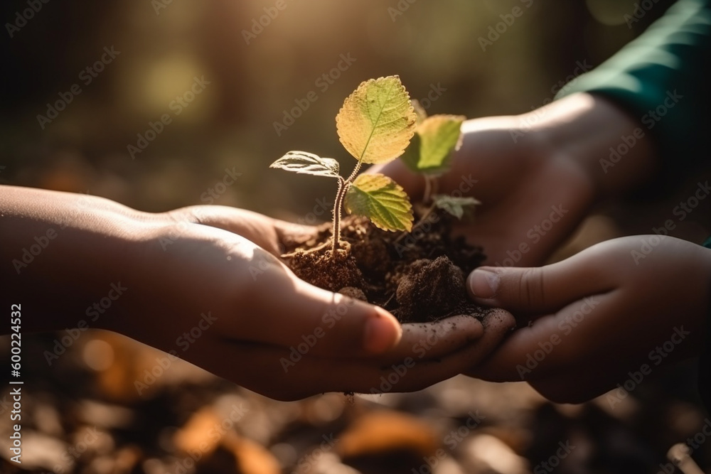 Hands of an adult and a child, kid planting in the ground, Sustainable ...